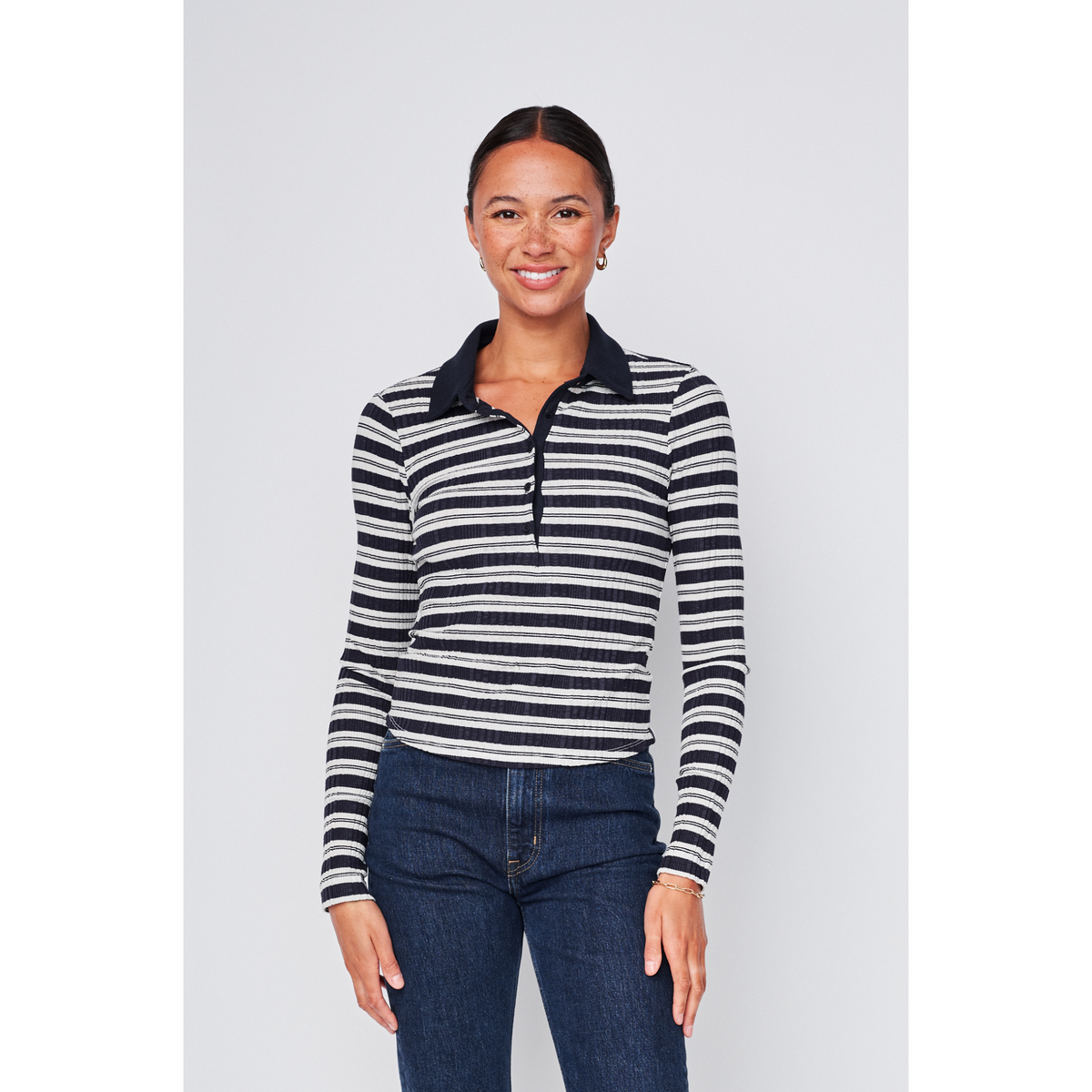 Navy Variegated Rib Polo Top, Cream – Read Between The Lines®